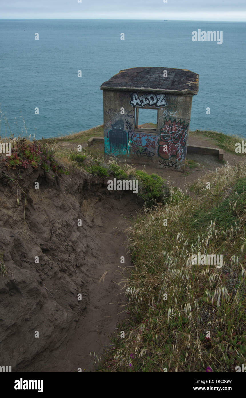 A small bunker stands on the edge of the cliff along Rodeo Lagoon Vista ...