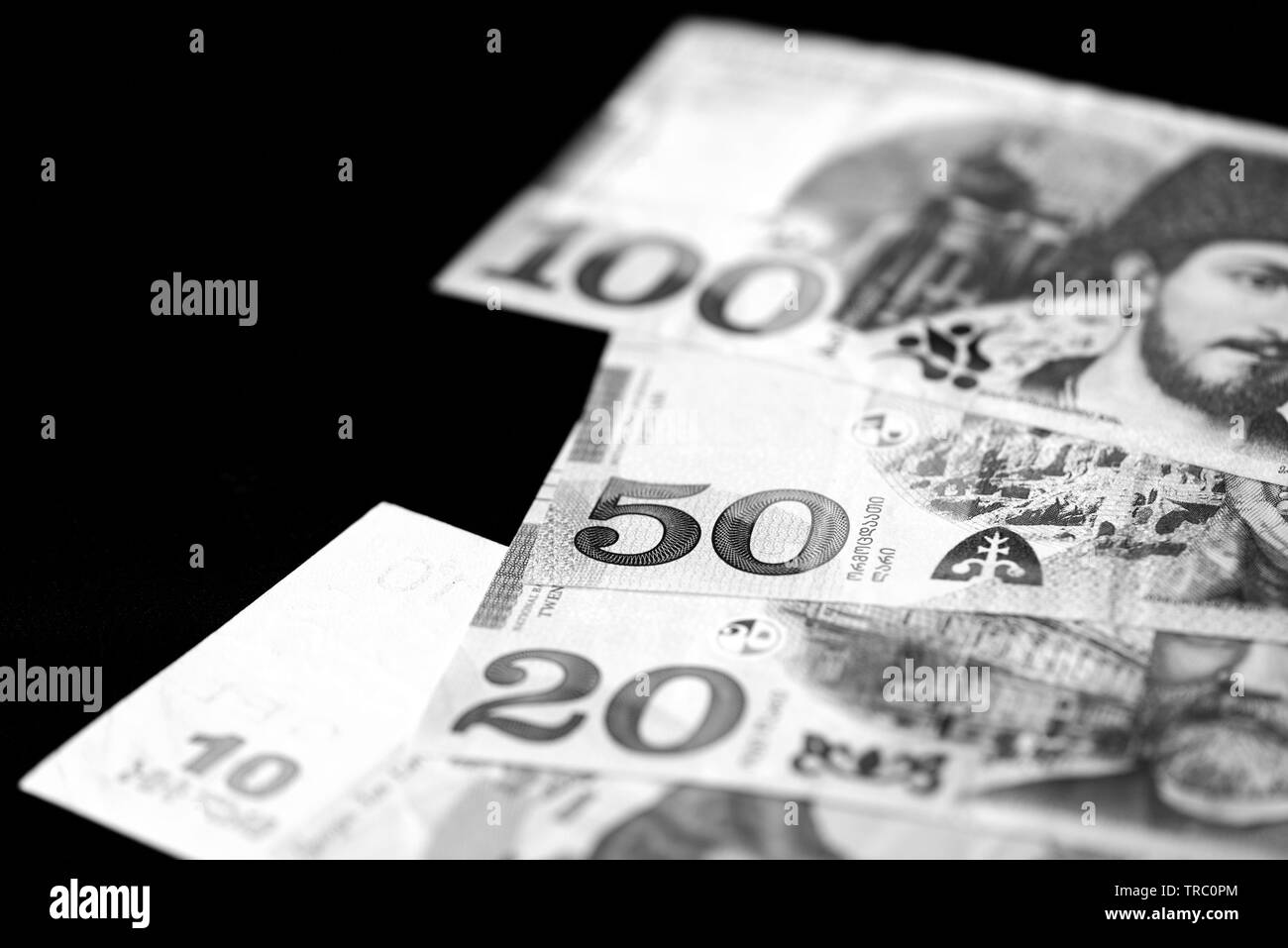 Georgian lari on a dark background close up. Black and white Stock ...