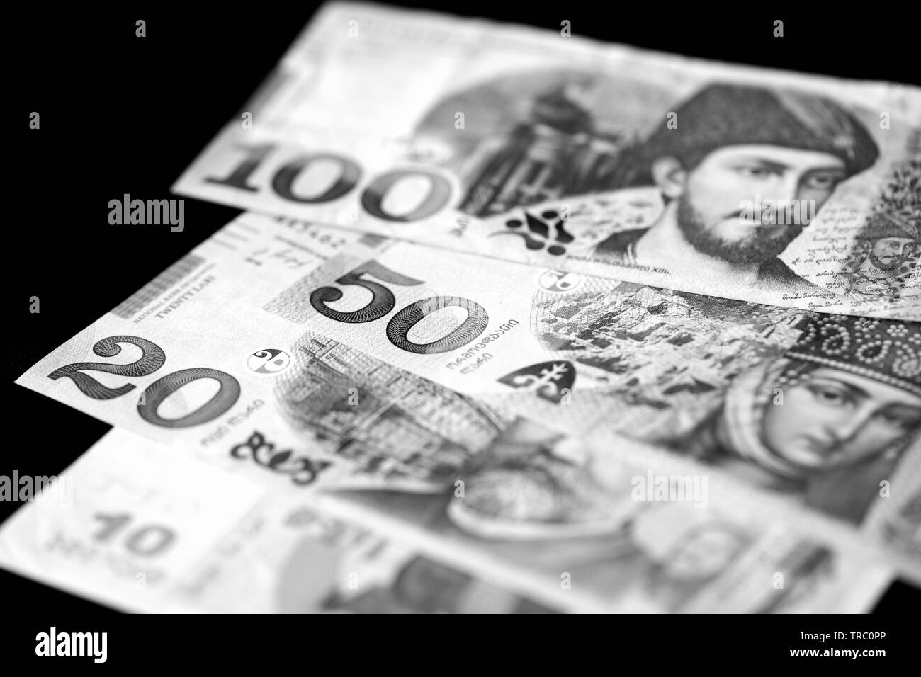 Georgian lari on a dark background close up. Black and white Stock ...