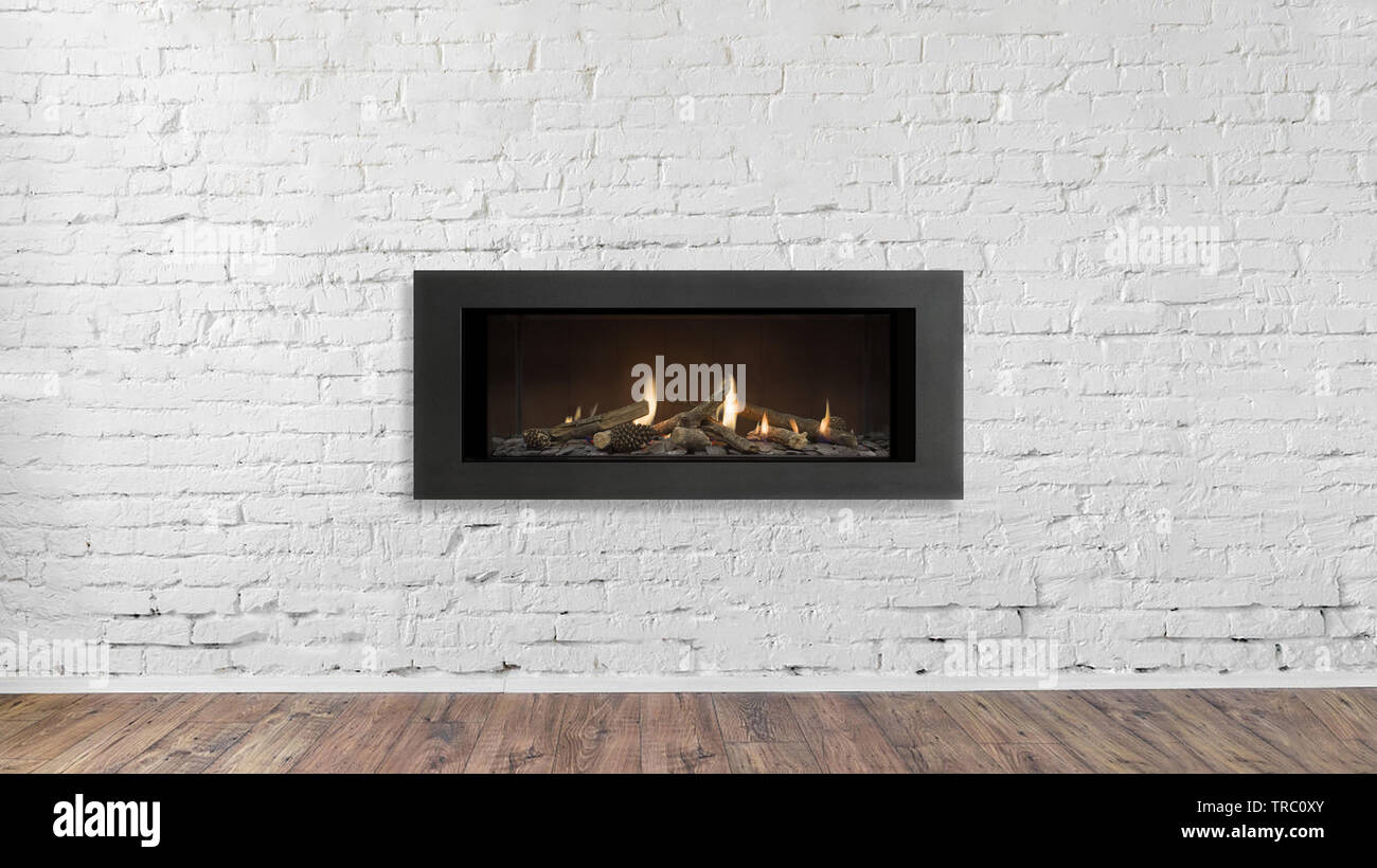 Gas Fireplace on white brick wall in bright empty living room interior ...