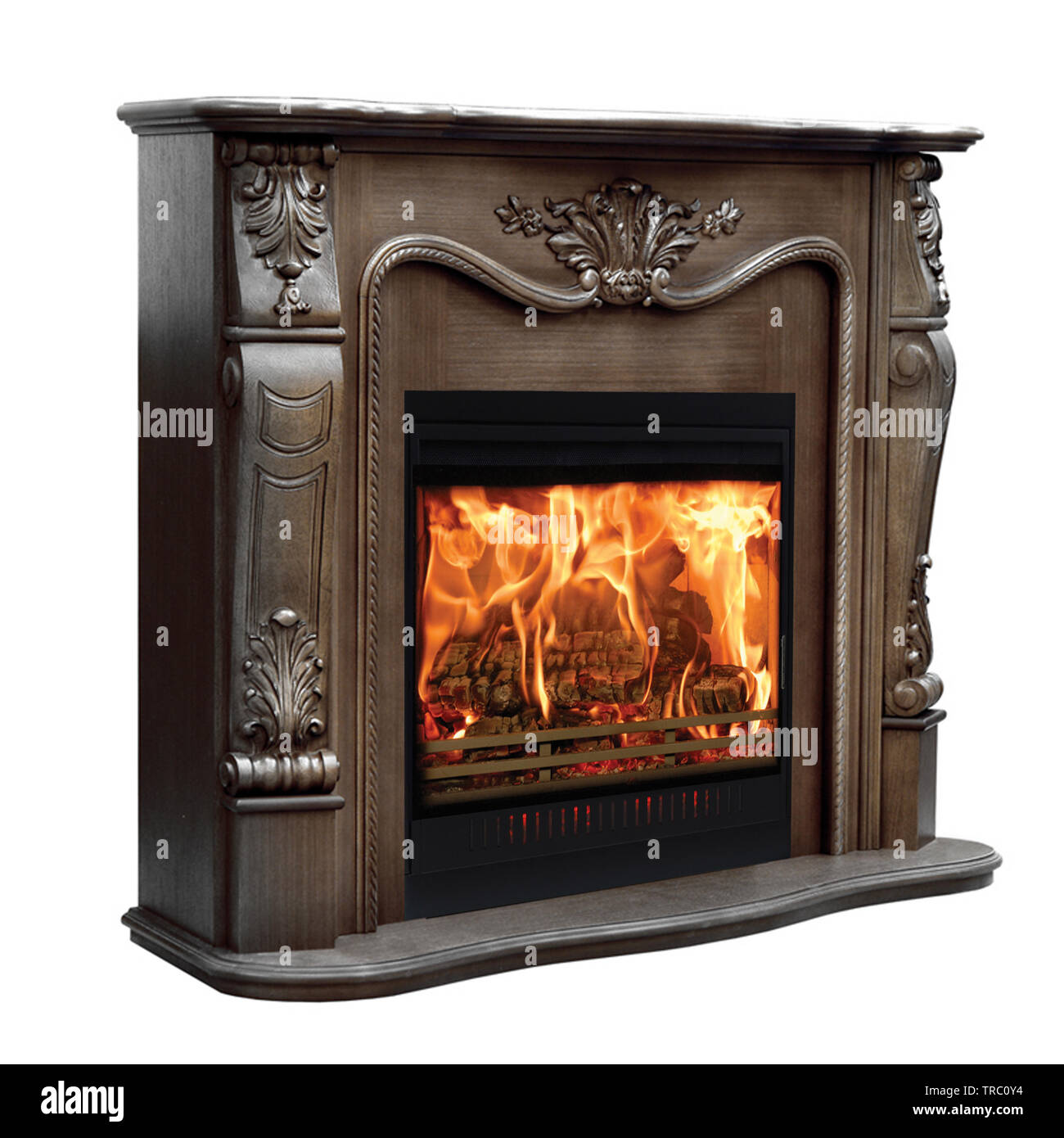 Dark wood fireplace isolated on white background Stock Photo - Alamy