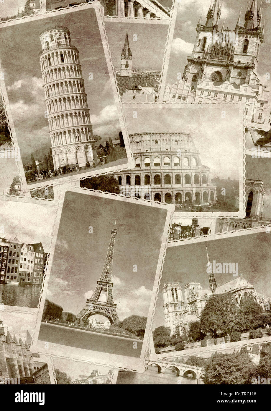 Vintage travel background with retro photos of european landmarks ...
