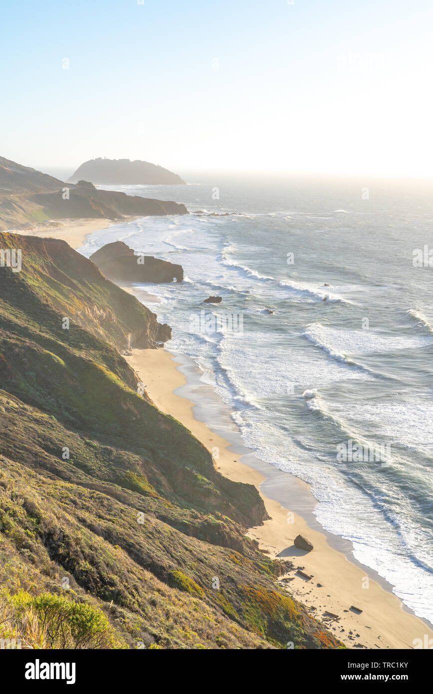 High overlook of the amazing Big Sur coastline along famous highway one ...