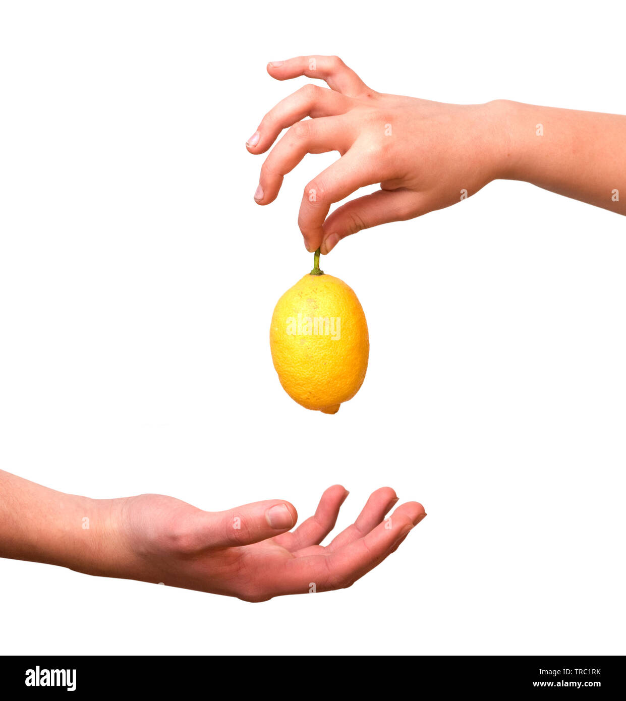 Hands with a lemon isolated on white background Stock Photo - Alamy