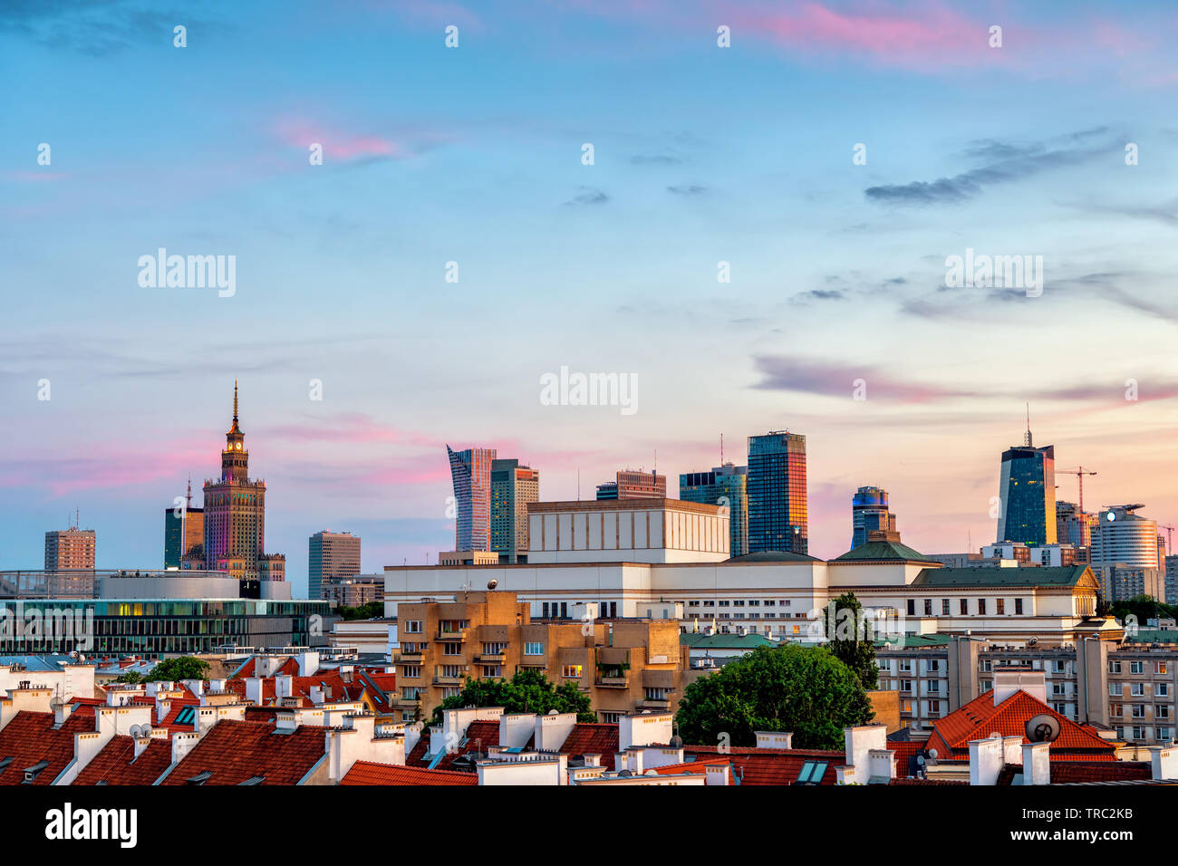 City of Warsaw cityscape and downtown skyline at sunset, capital of ...