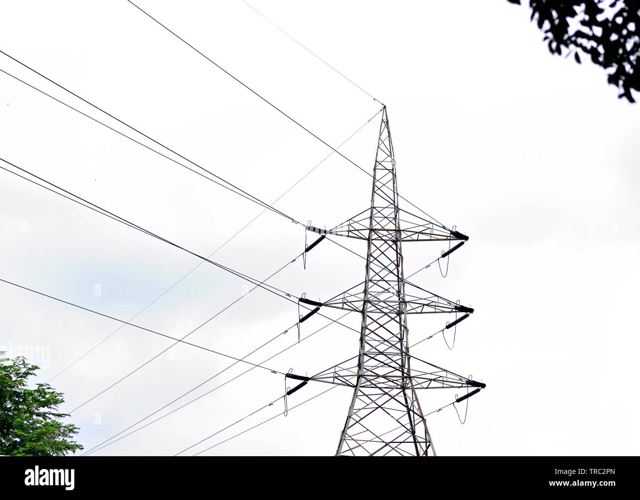 High voltage power cables are hanging over blue sky from electric pole ...