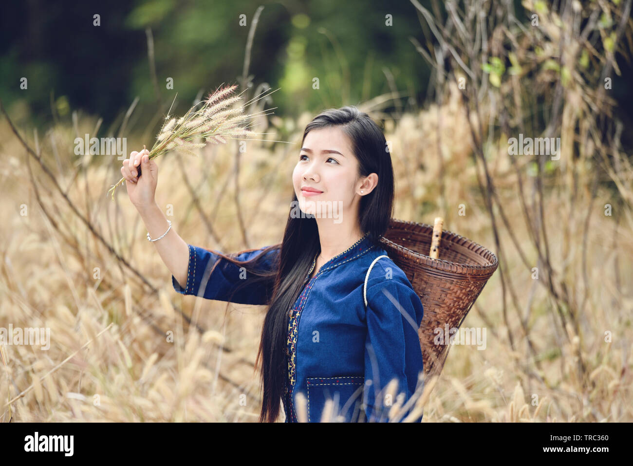 Asia woman farmer in grass field nature / Portrait of beautiful asian ...