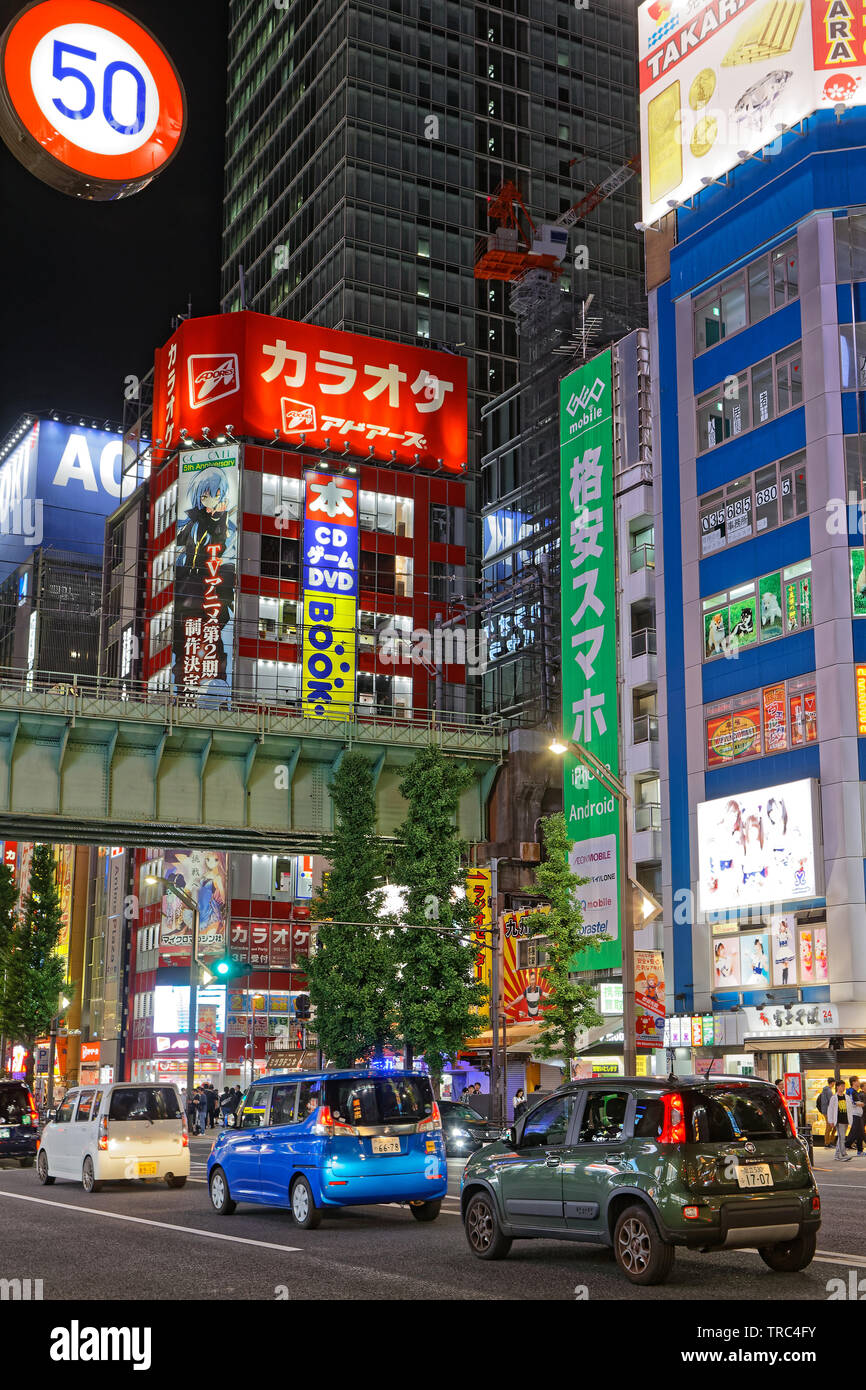 TOKYO, JAPAN, May 15, 2019 : Lights of Akihabara by night. The Greater ...