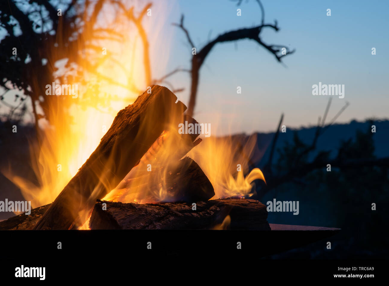 The flames of a campfire at dusk on safari in Africa, Hluhluwe-iMfolozi ...