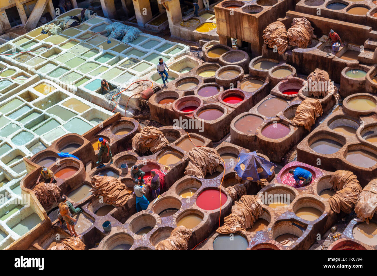Aerial view of the colorful leather tanneries of Fez, Morocco Stock ...