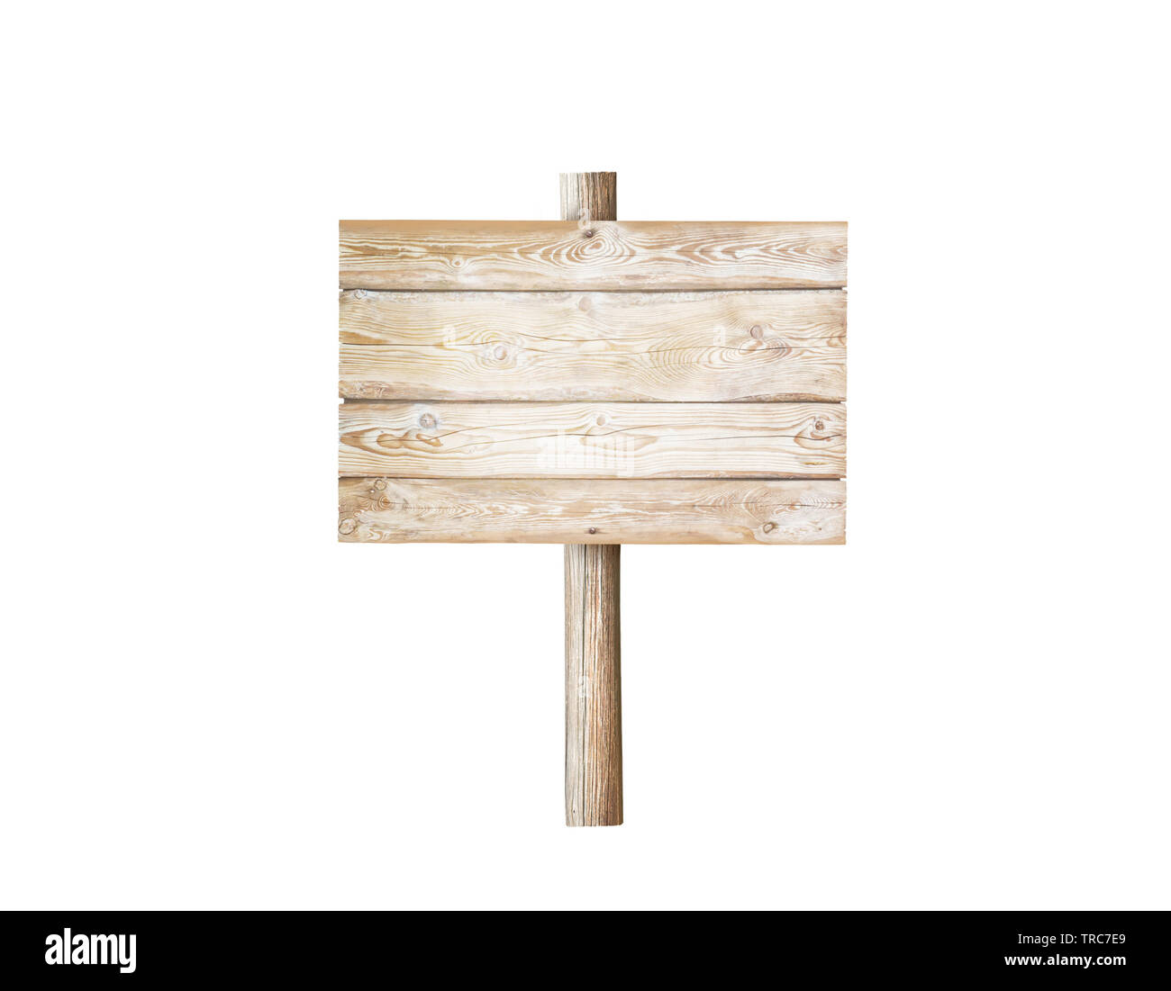 Wooden rectangular planks signboard on the pole isolated on white Stock ...