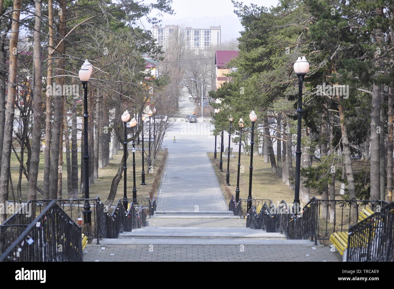 looking down to Yuzhno-Sakhalinsk city from Slava Square memorial ...