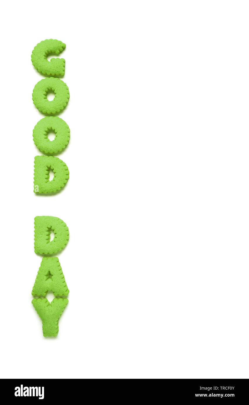 Top view of alphabet shaped biscuits spelling the word GOOD DAY in ...