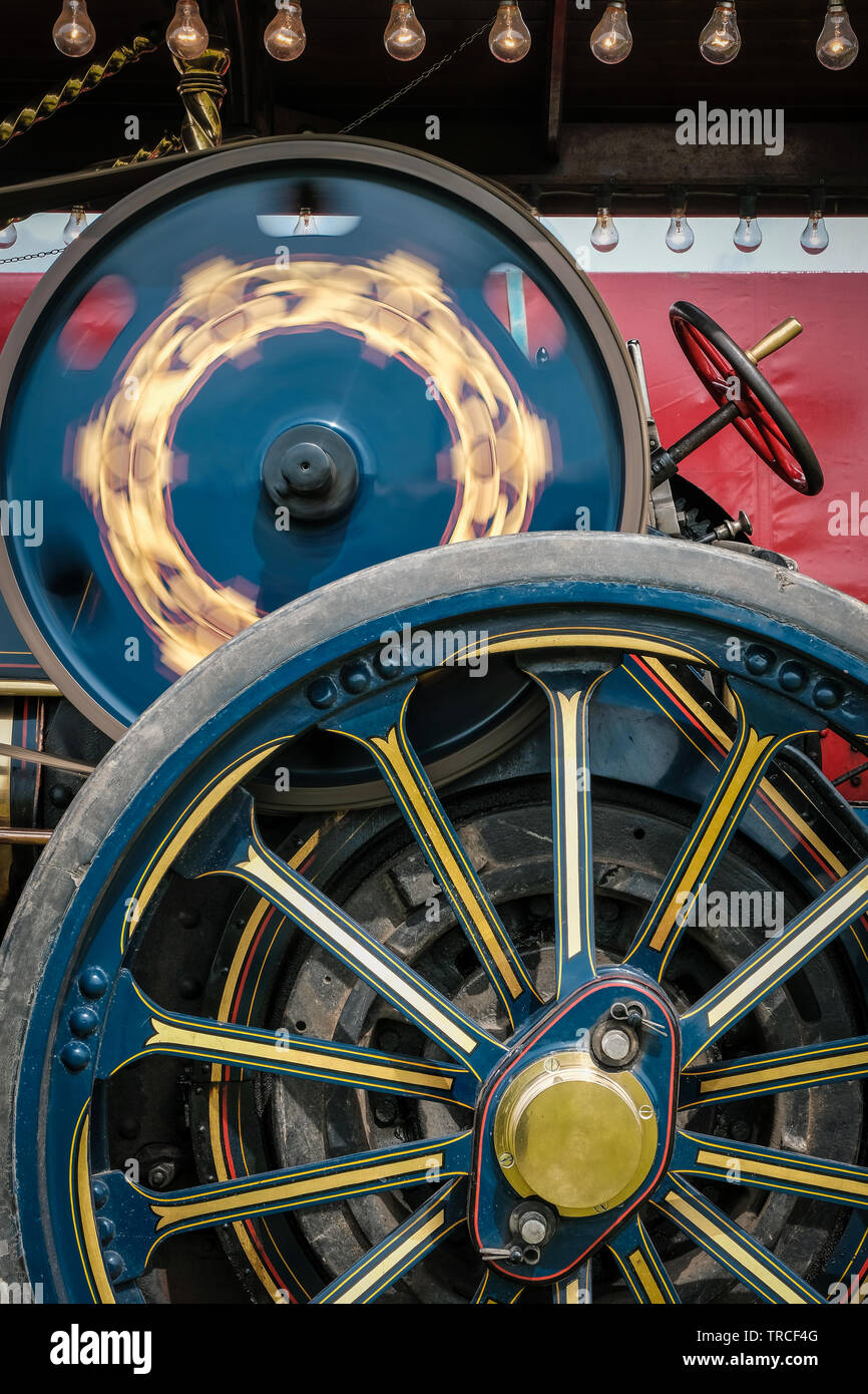 Close-up of the side and large wheel of a vintage traction engine Stock ...