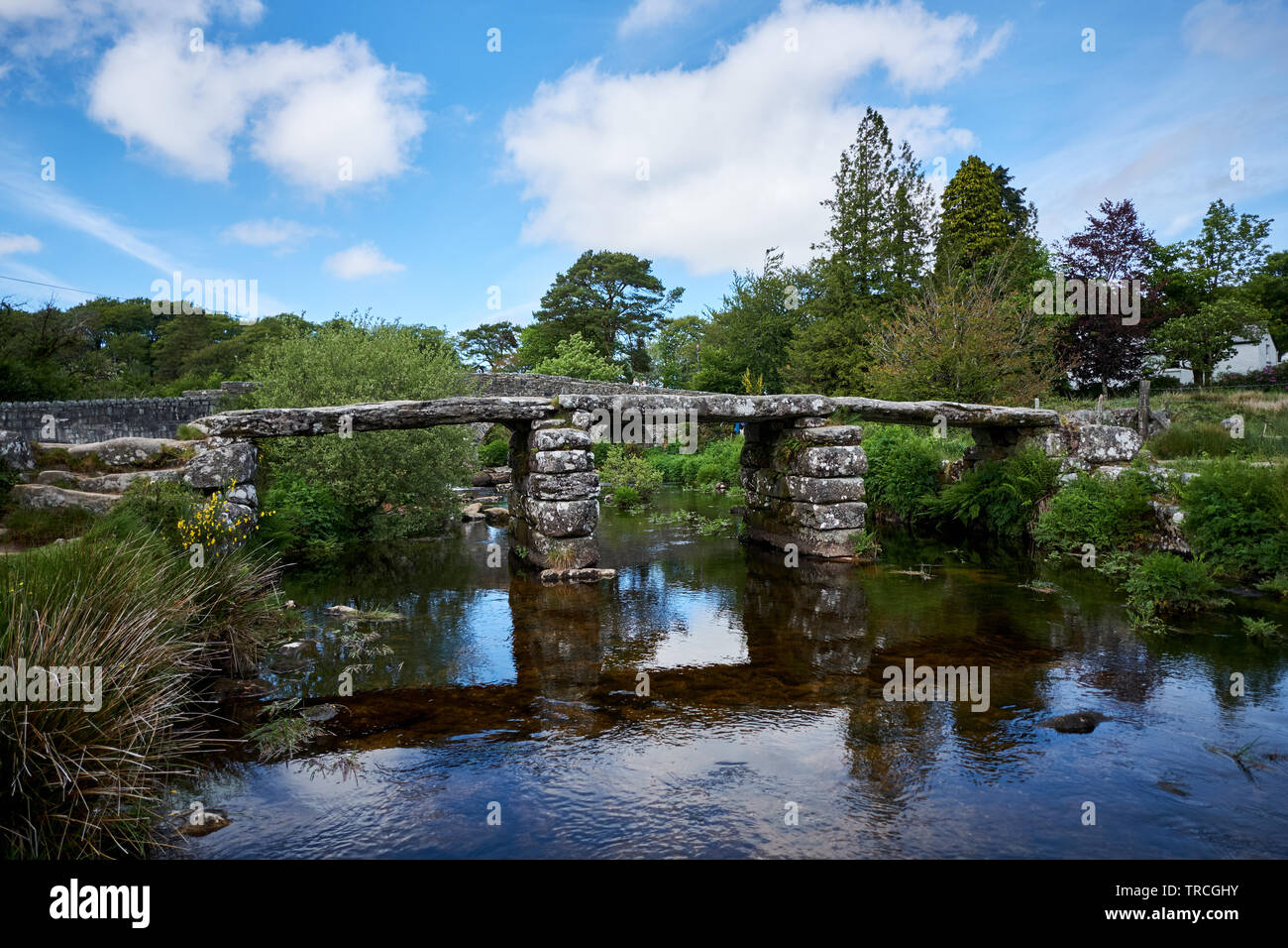 The 14th Century stone Clapper Bridge at Postbridge in Dartmoor, Devon ...