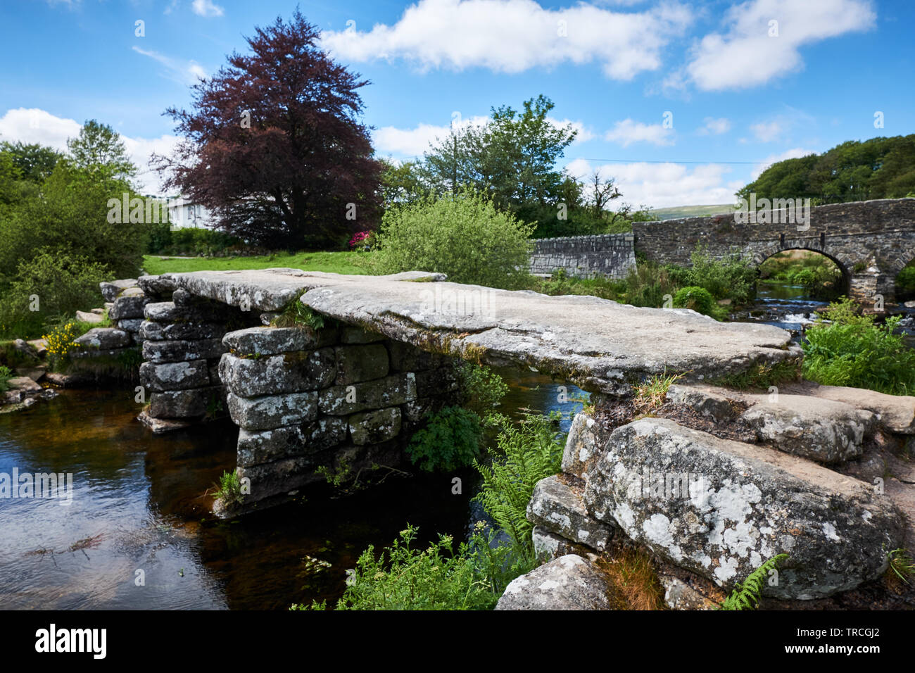 The 14th Century stone Clapper Bridge at Postbridge in Dartmoor, Devon ...