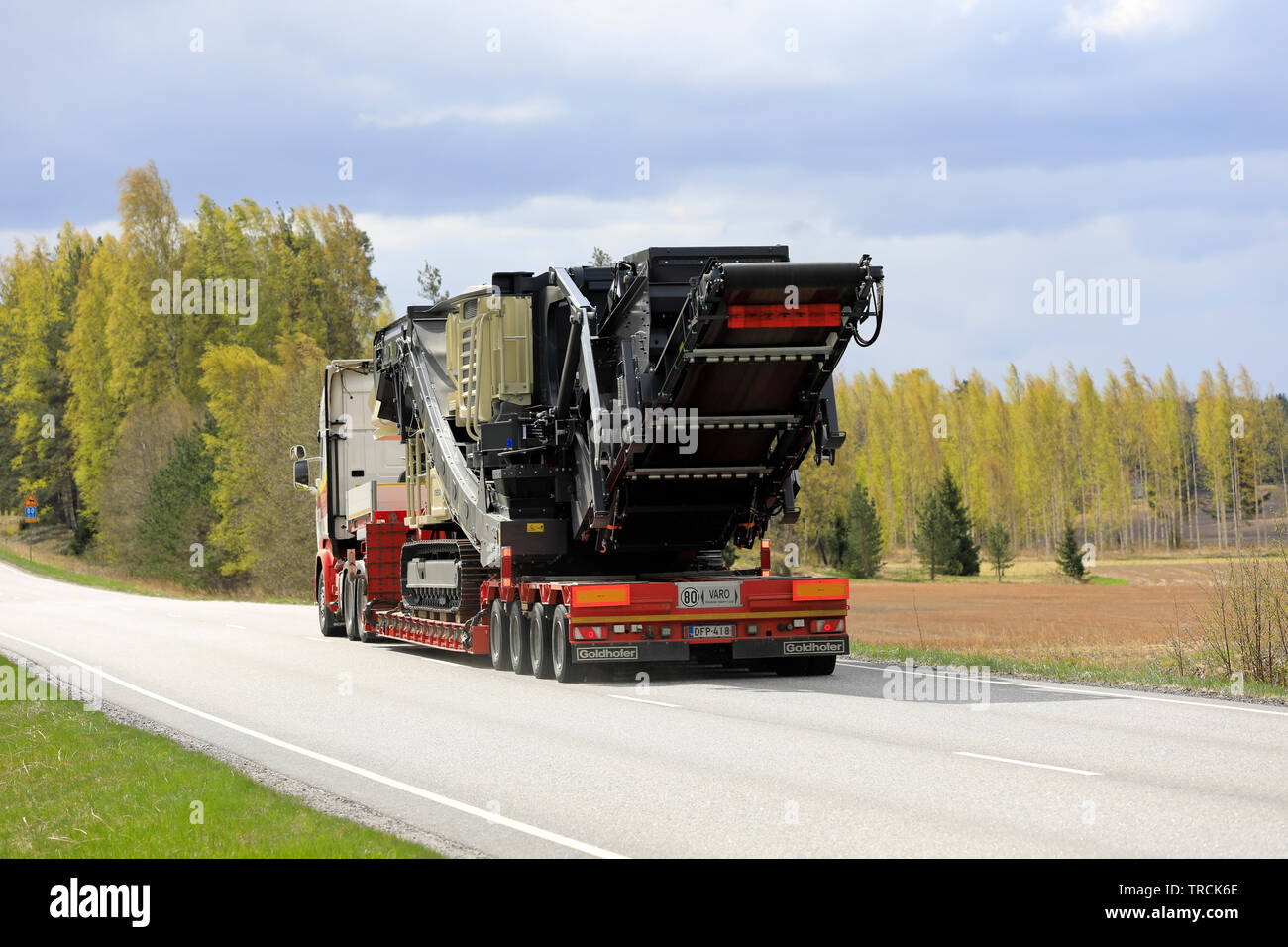 Salo, Finland - May 3, 2019: Spring road landscape of truck hauling ...
