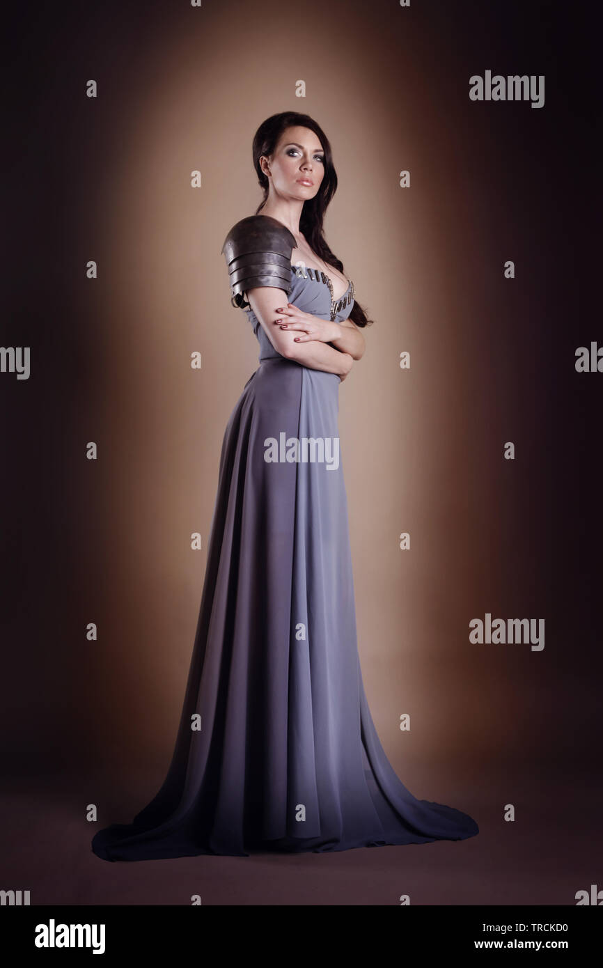 portrait of a beautiful lady warrior, dark-haired girl in a gray dress ...