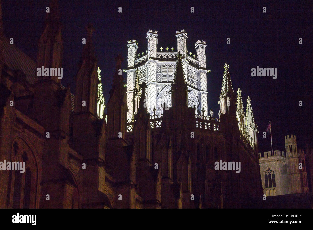 The famous Octagon Tower of Ely Cathedral light up at night Stock Photo ...
