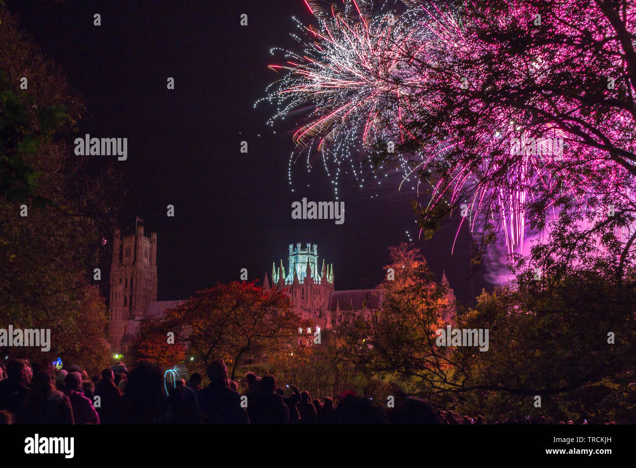 People watching the fireworks lighting up the sky over Ely Cathederal ...