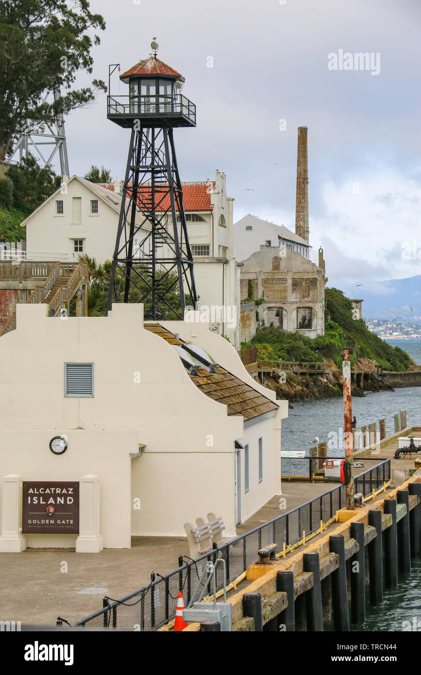 Watch Tower & Dock, Alcatraz, San Francsico bay, California Stock Photo ...