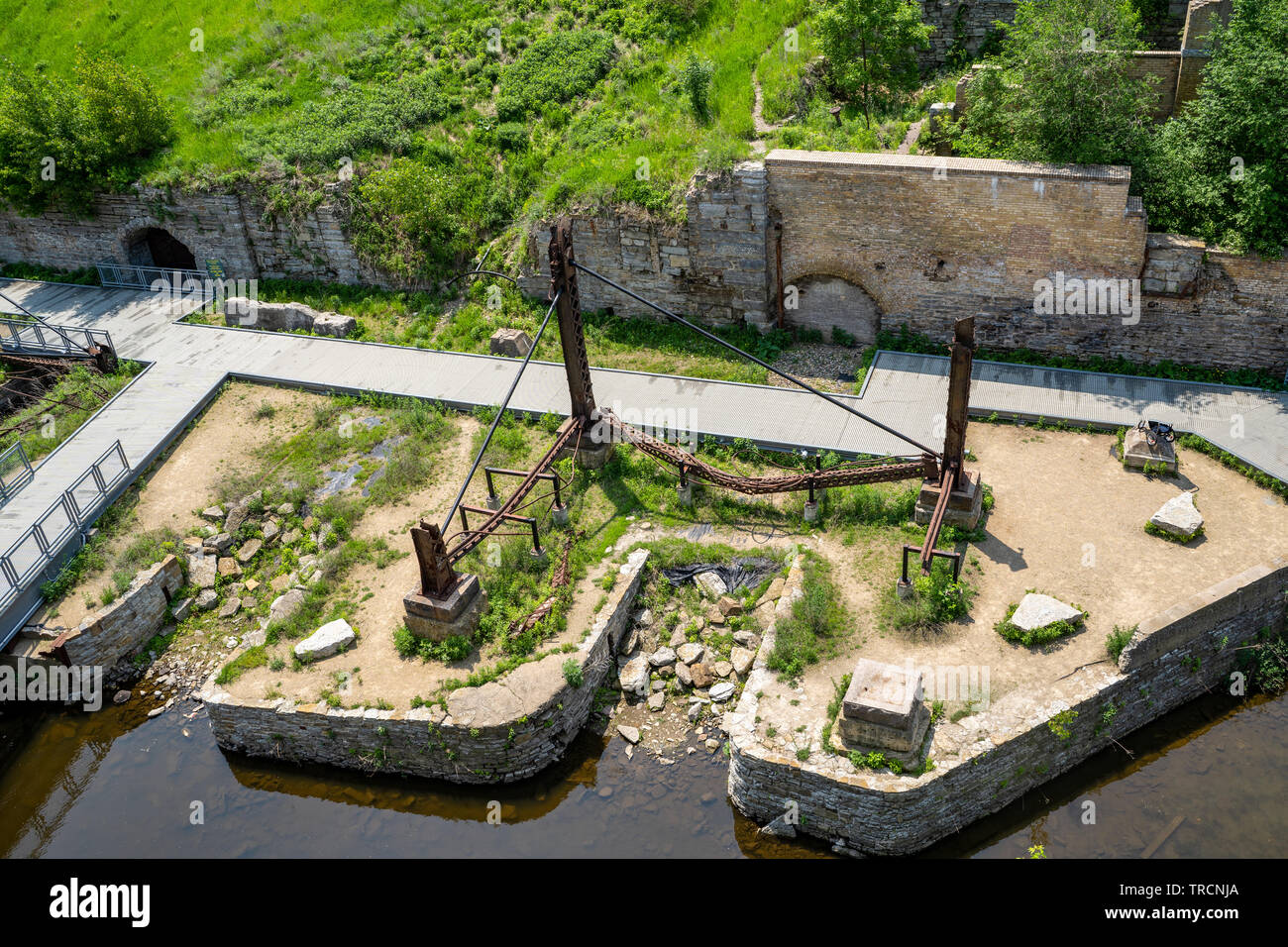 Overhead, aerial view of Mill Ruins Park in downtown Minneapolis ...