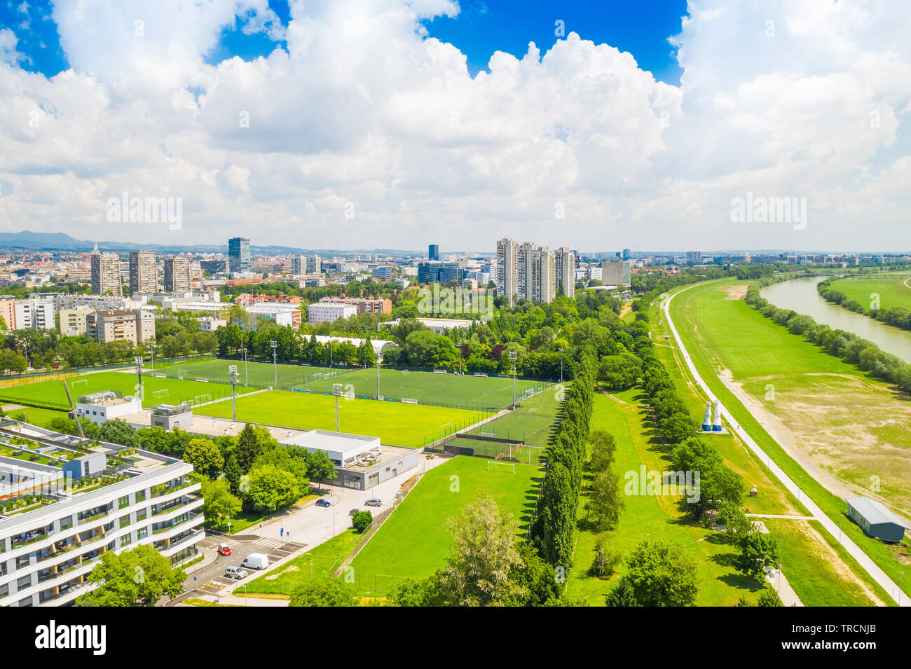 Aerial view of Zagreb, Croatia, Sava river from air, city skyline ...