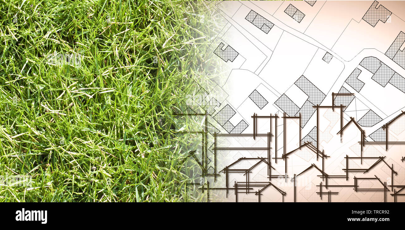 From nature to a new city - concept image with a green grass area that ...