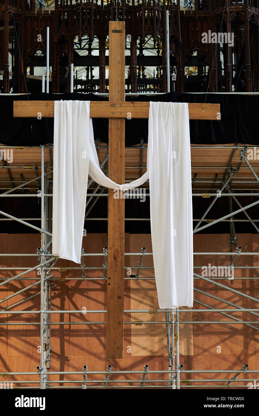 Empty cross with shroud hung over it, symbolising the resurrection of ...