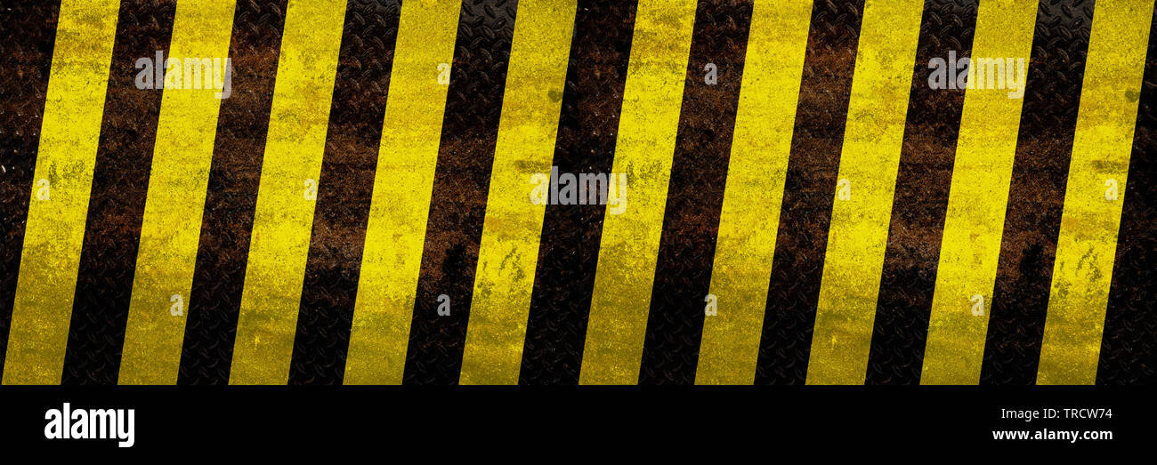 Grunge metal yellow hazard stripe texture background for wide banner ...