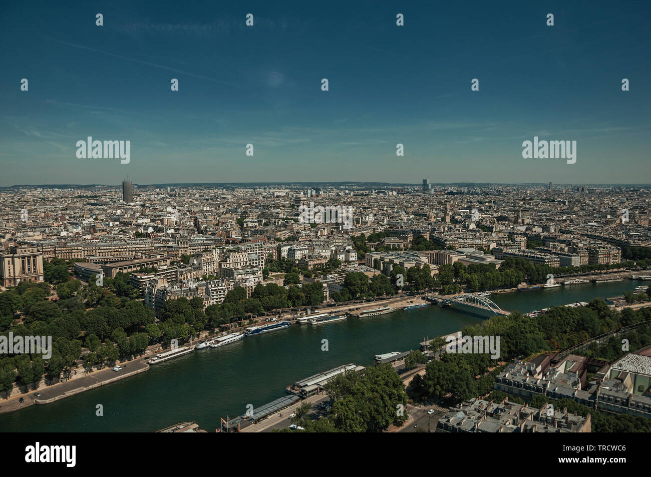 Skyline, River Seine, greenery and buildings seen from the Eiffel Tower ...