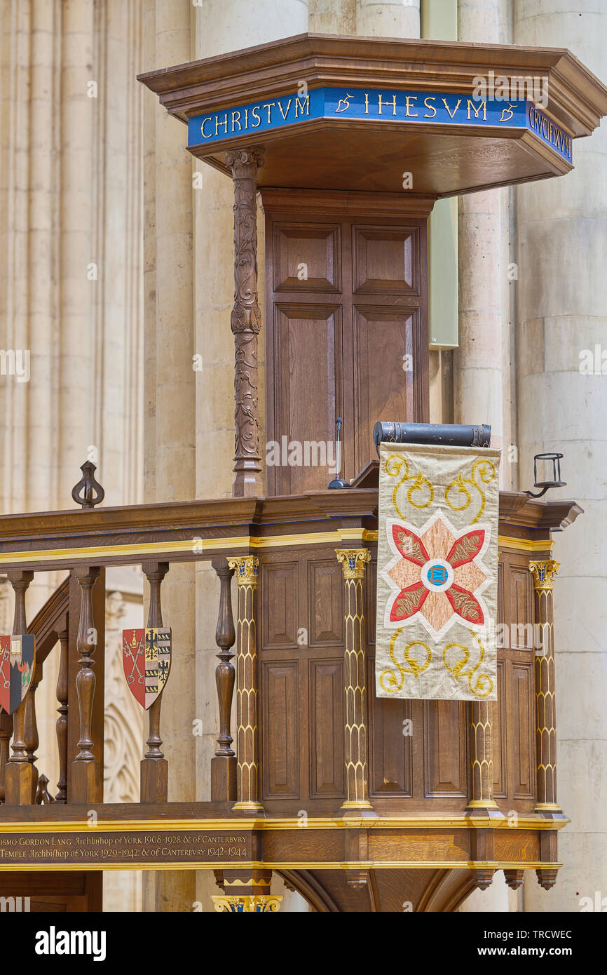 Main pulpit in the nave of York minster cathedral, England, with the ...