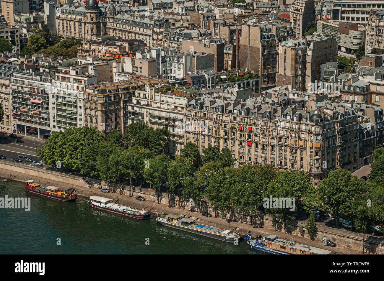 River Seine, greenery and building seen from the Eiffel Tower in Paris ...