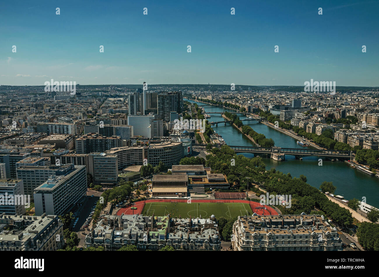 Skyline, River Seine, greenery and buildings seen from the Eiffel Tower ...
