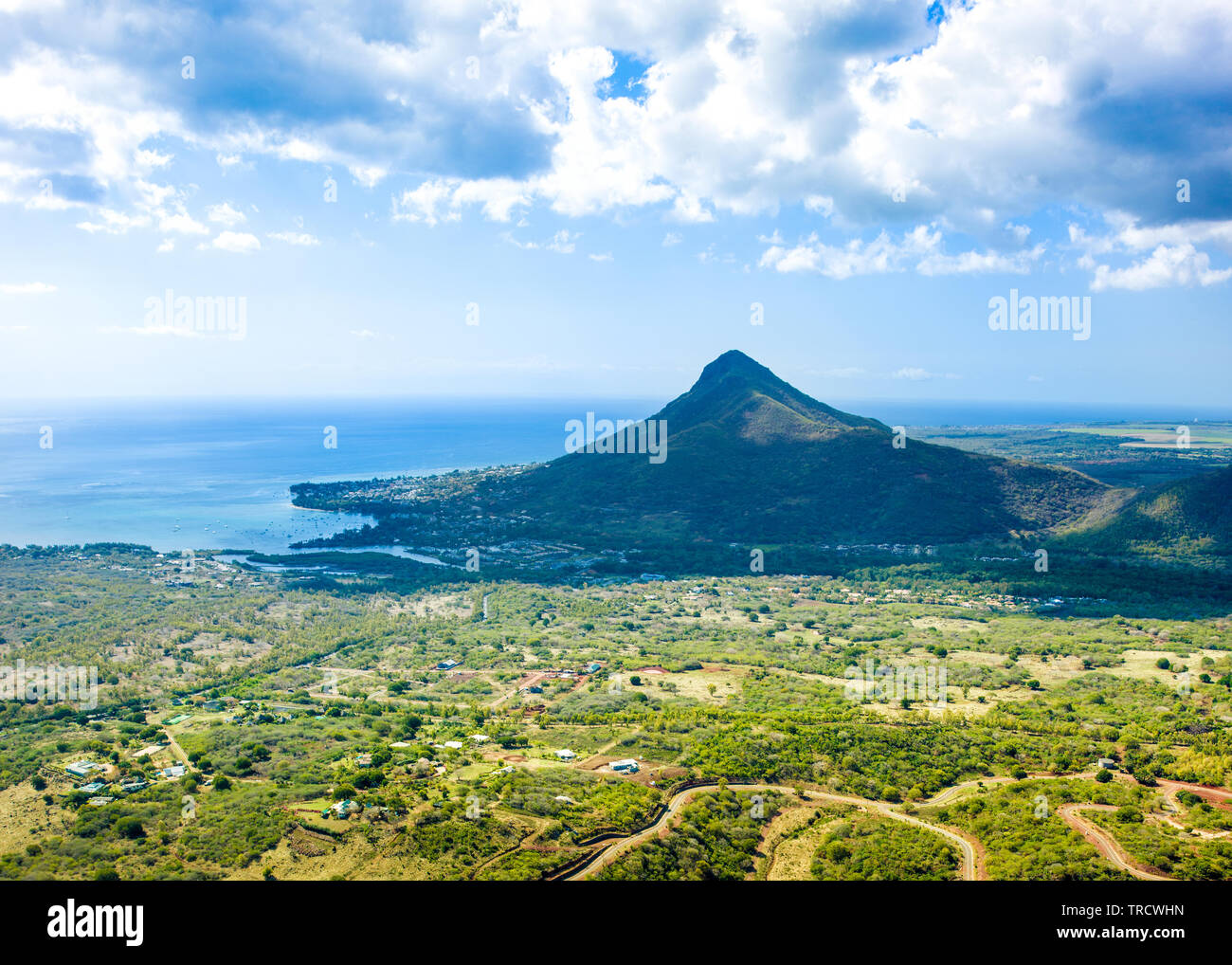 Aerial view of Mauritius island panoramic landscape with with green ...