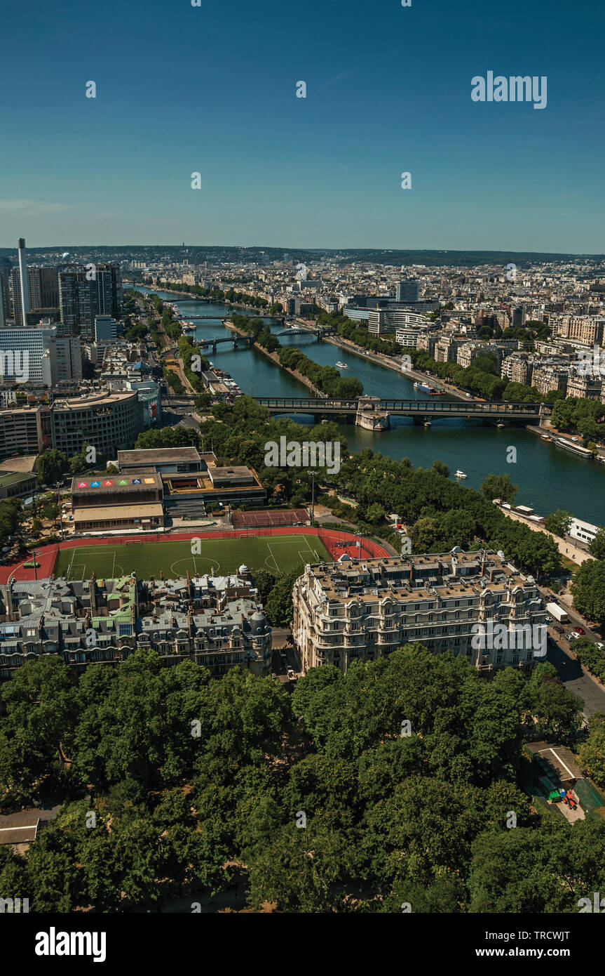 Skyline, River Seine, greenery and buildings seen from the Eiffel Tower ...