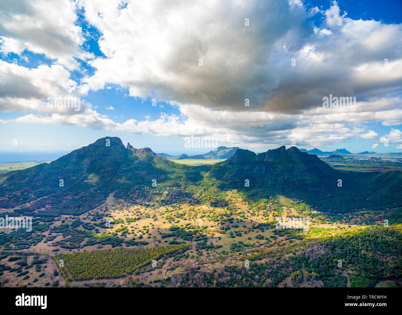 Aerial view of Mauritius island panoramic landscape with green fields ...
