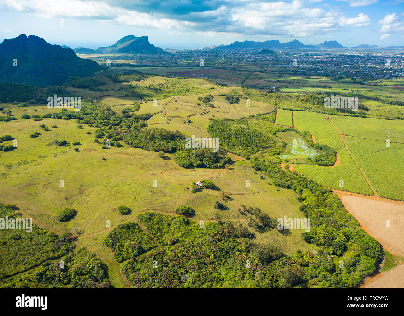 Aerial view of Mauritius island panoramic landscape with green fields ...