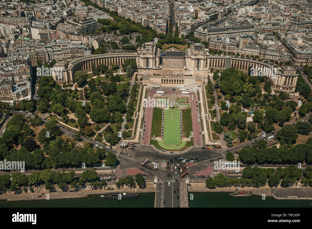 Streets, greenery and Trocadero in a sunny day, seen from the Eiffel ...