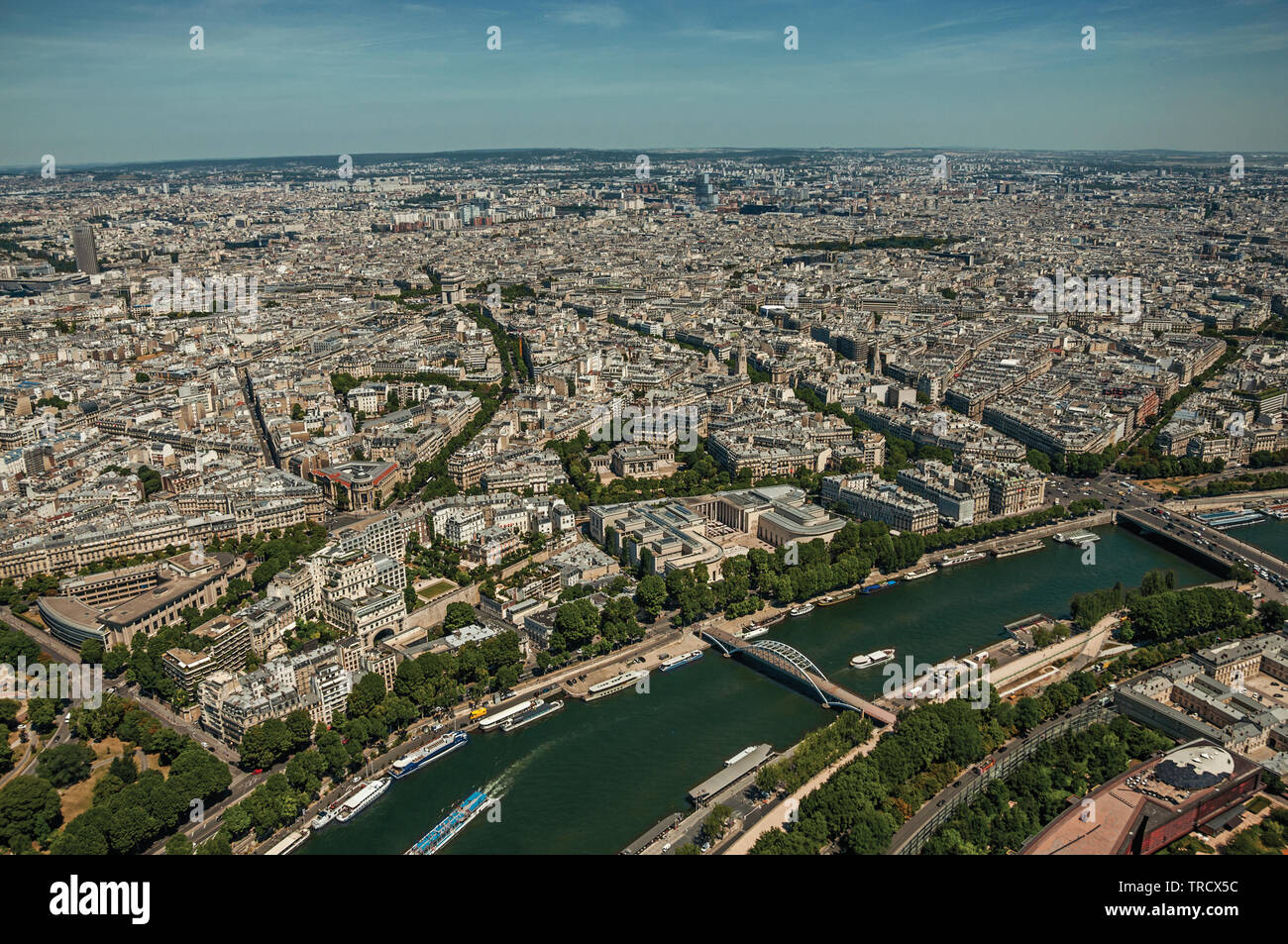 Seine River, greenery and buildings, seen from the Eiffel Tower top in ...
