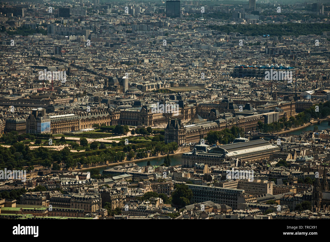 Louvre Museum, Seine River and buildings seen from the Eiffel Tower top ...