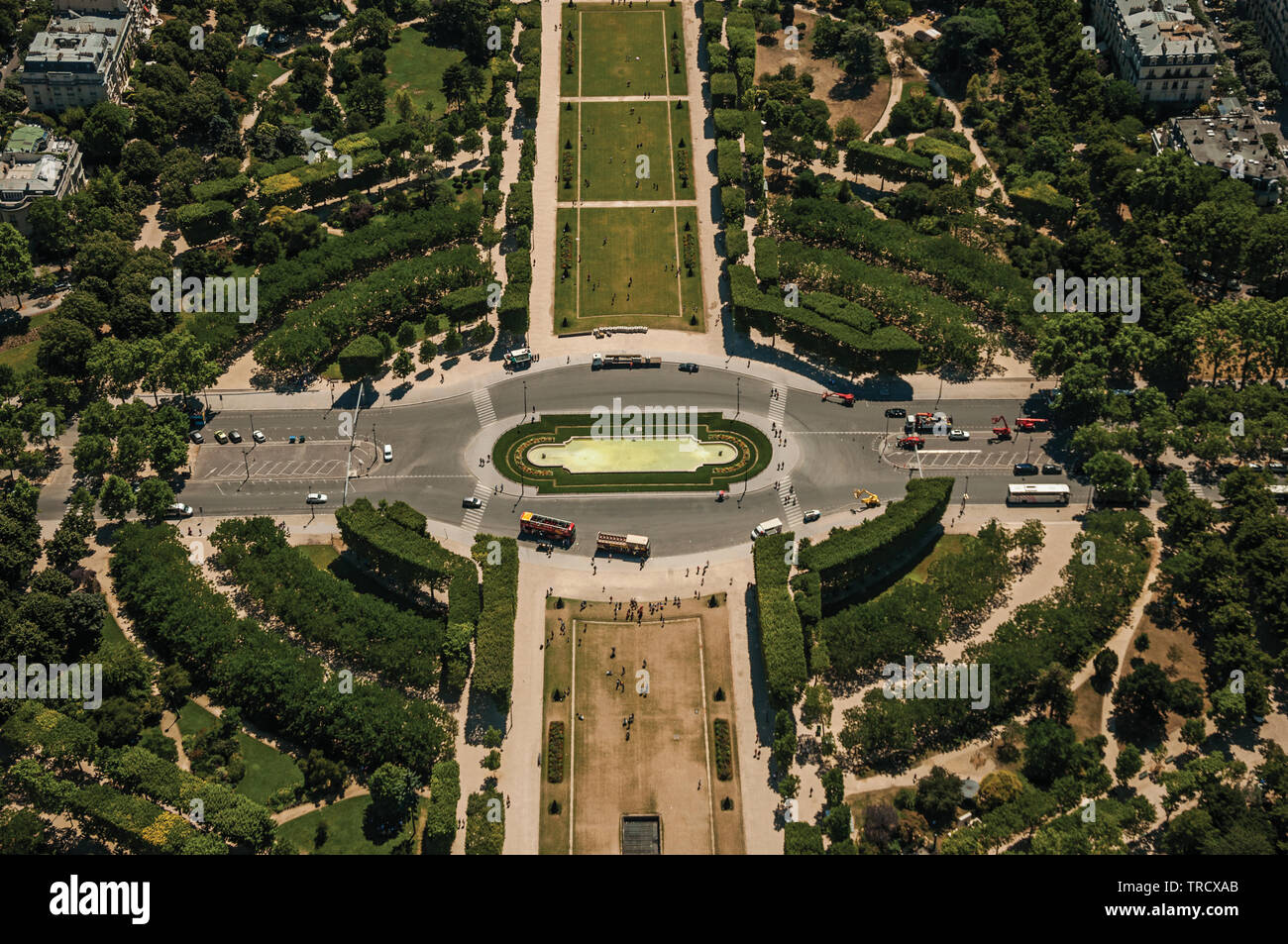 Up view of Champ de Mars Park and greenery seen from the Eiffel Tower ...
