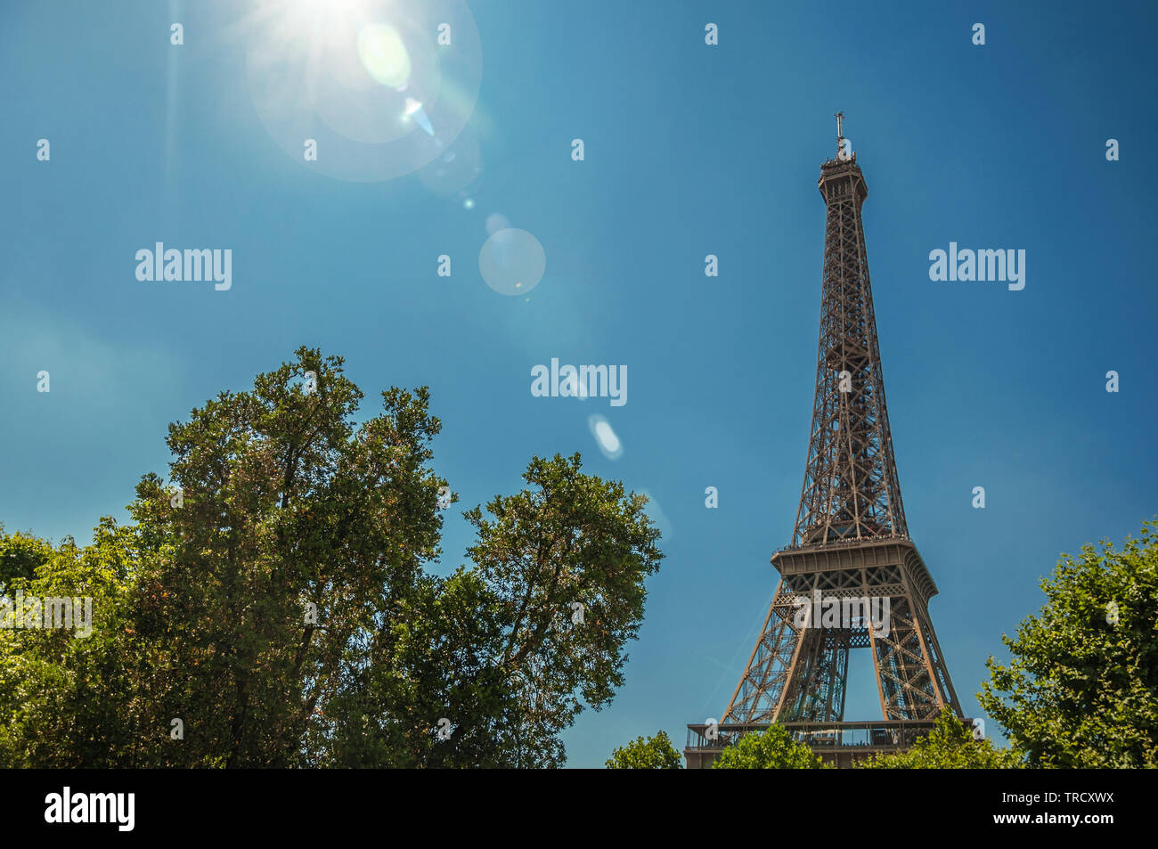 Overview of stunning Eiffel Tower and greenery under sunny blue sky, in ...