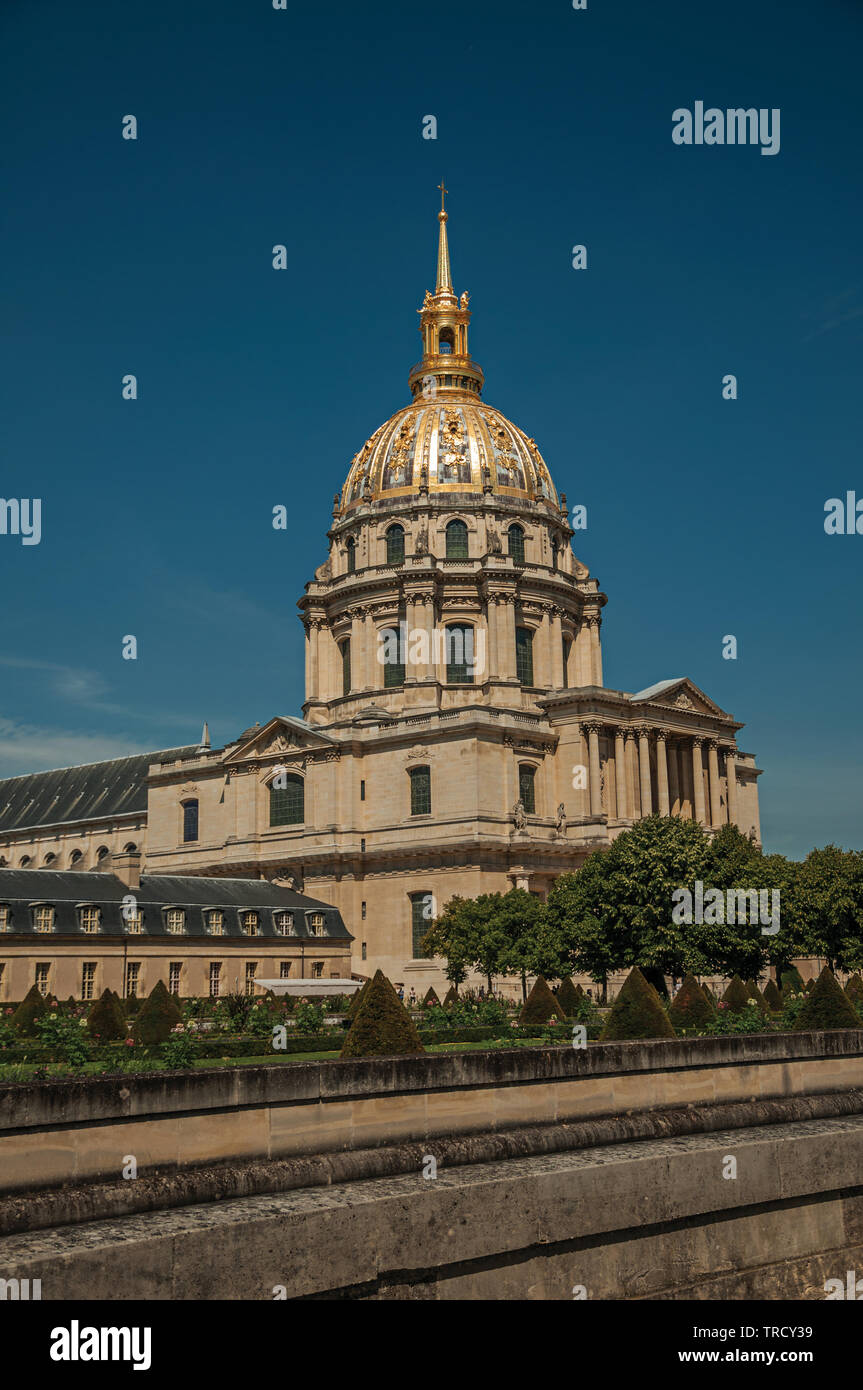 Trees in the gardens of Les Invalides Palace with the golden dome in ...