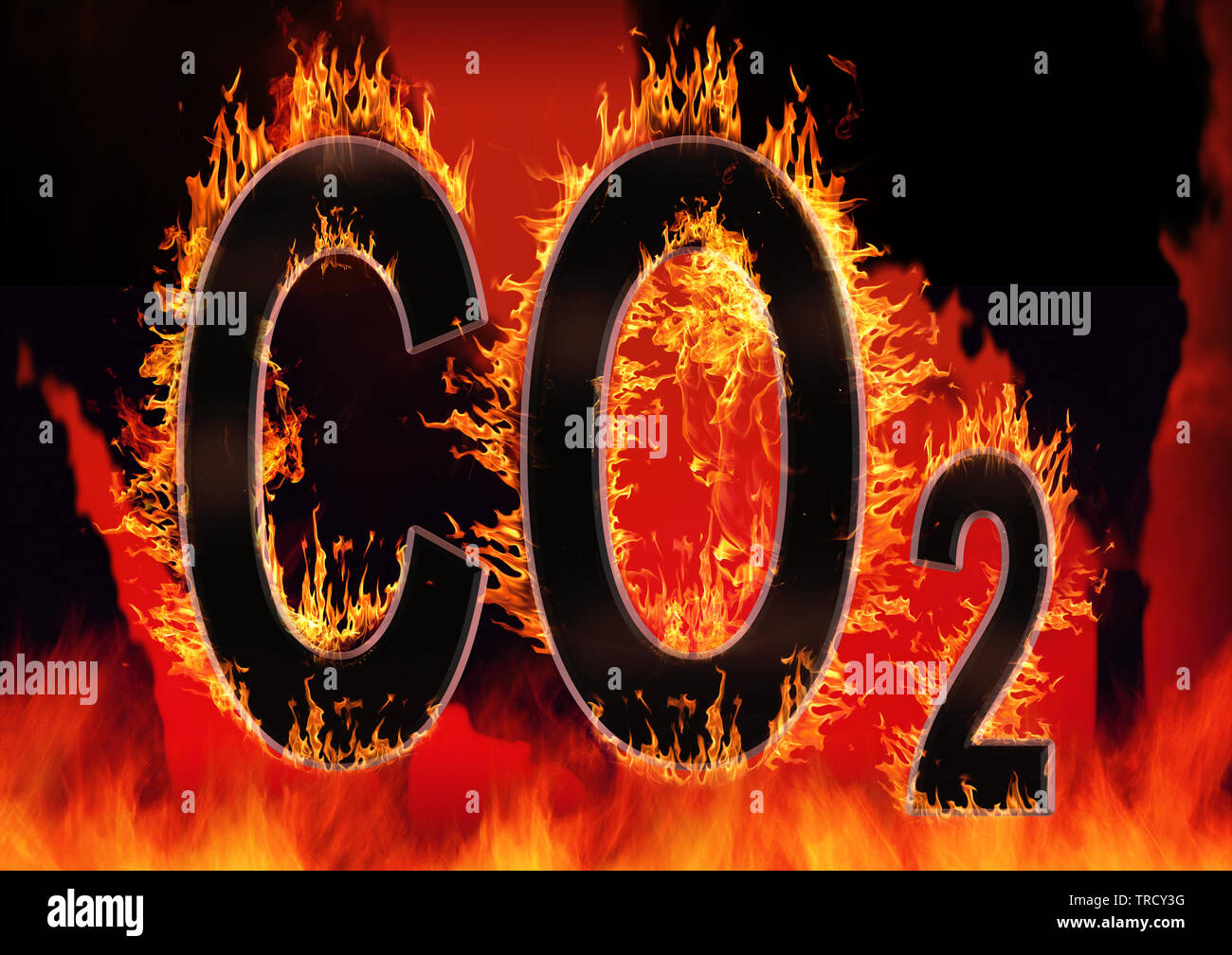 Global warming concept of CO2, carbon dioxide, letters on fire, 3d ...