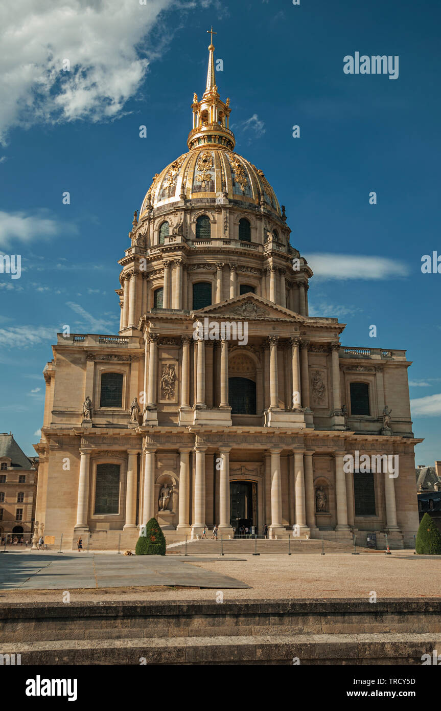 Front facade of Les Invalides Palace with the golden dome in a sunny ...