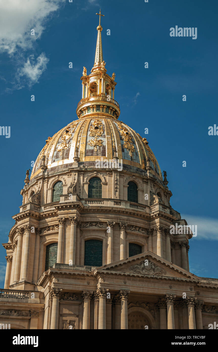Close-up of the facade with golden dome of Les Invalides Palace and a ...
