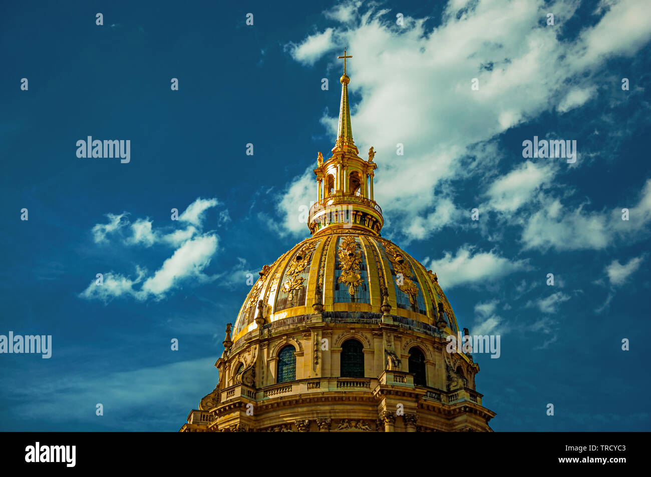 Close-up of the facade with golden dome of Les Invalides Palace and a ...
