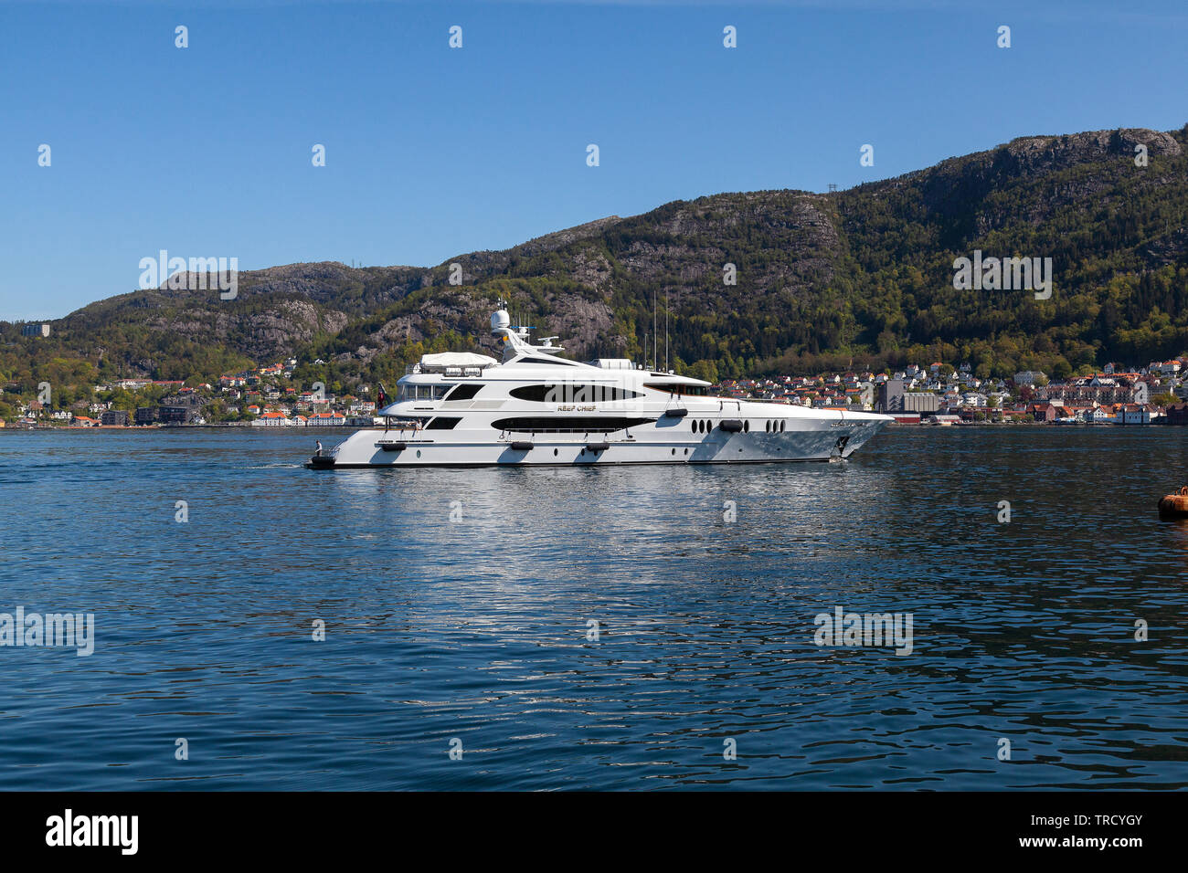 The yacht Reef Chief entering the port of Bergen, Norway Stock Photo ...