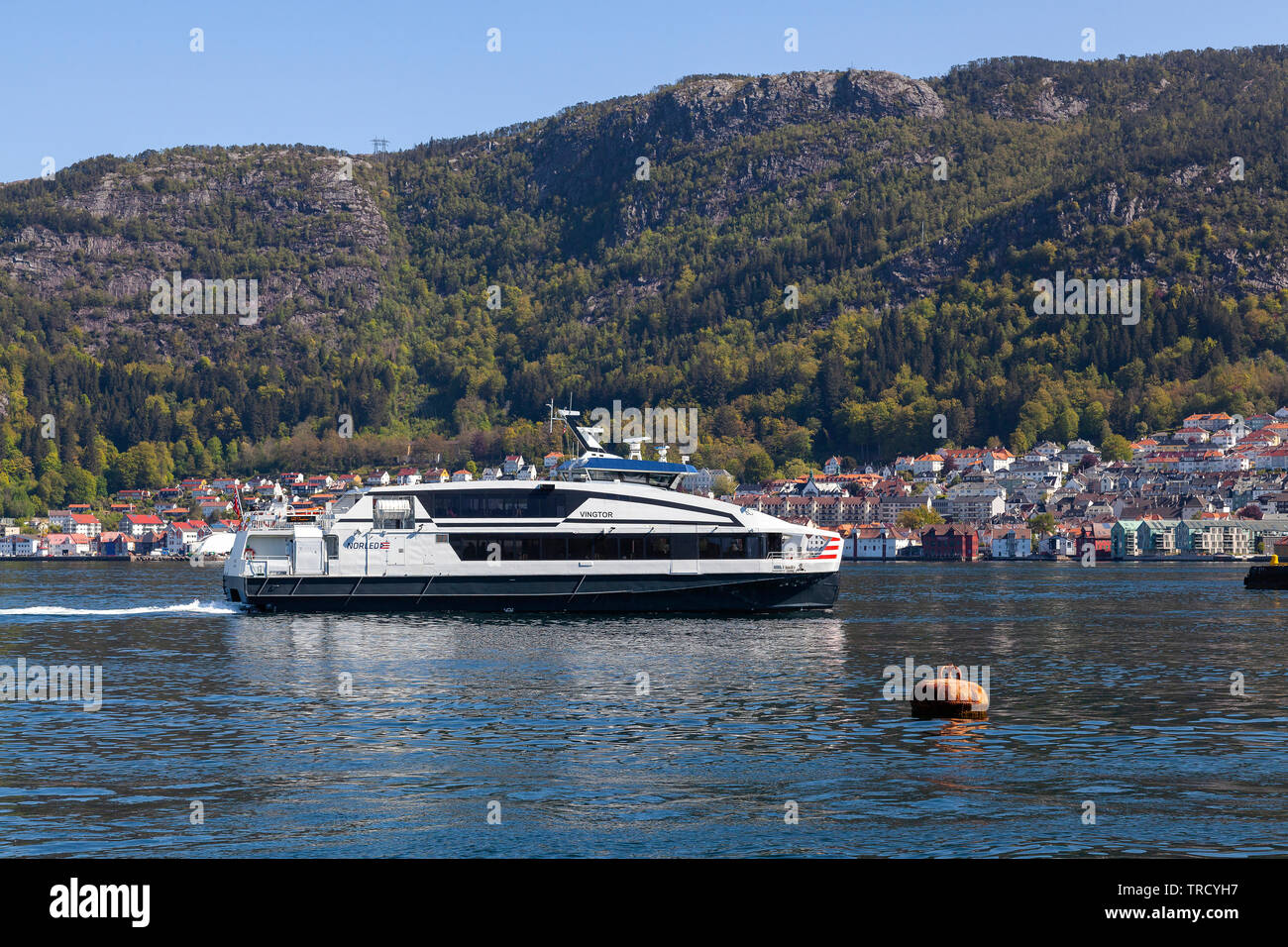 High speed passenger catamaran Vingtor entering the port of Bergen ...